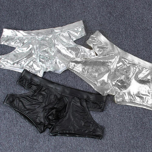 Mens Sexy PU Boxer Faux Leather Wetlook Underwear U Convex Open Butt ...