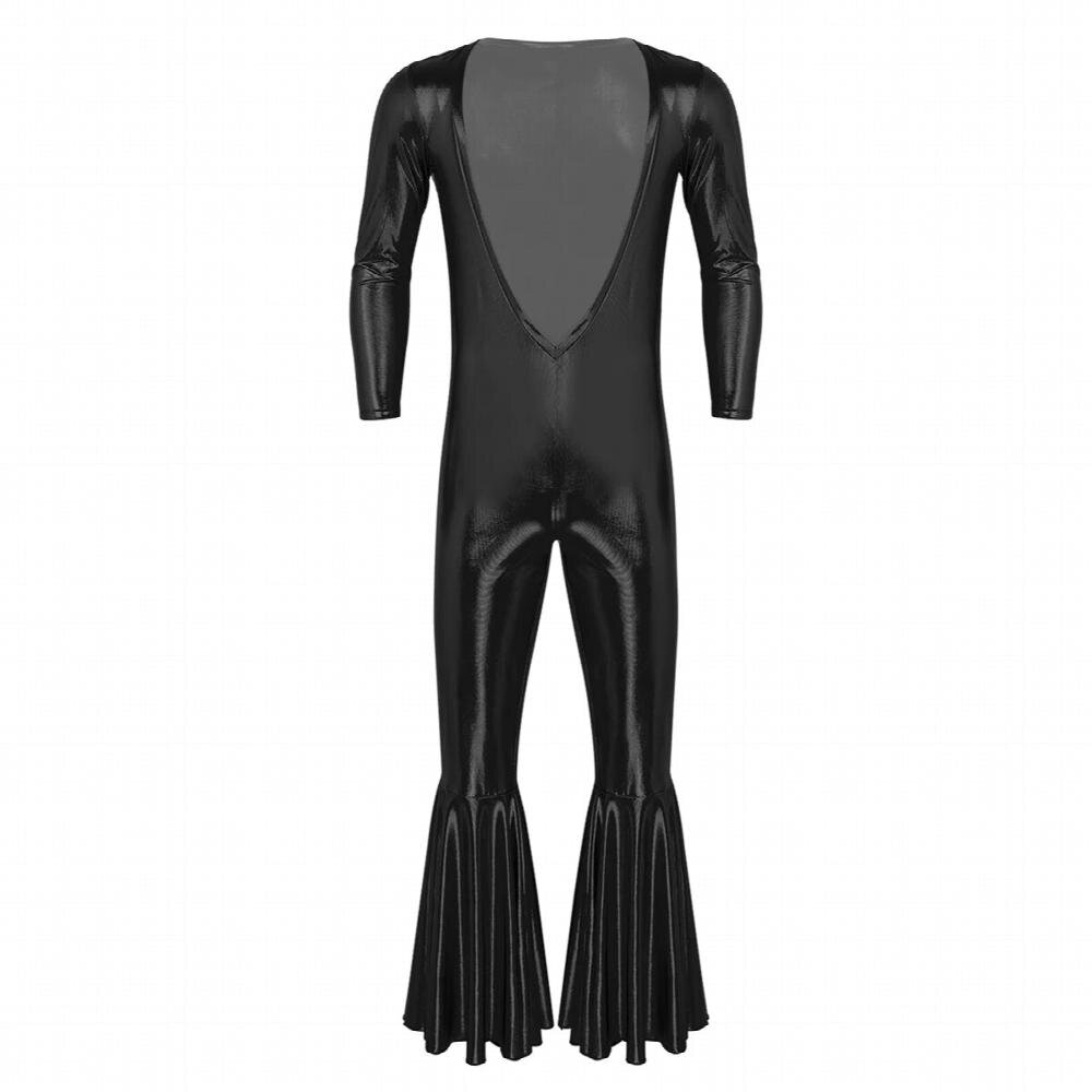 Mens Metallic Deep V Neck Open Chest Long Sleeves Bell Bottom Flare ...