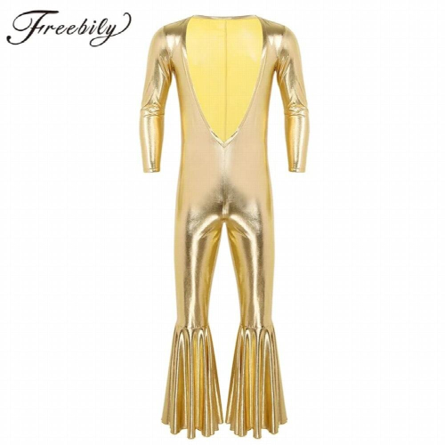 Mens Metallic Deep V Neck Open Chest Long Sleeves Bell Bottom Flare ...