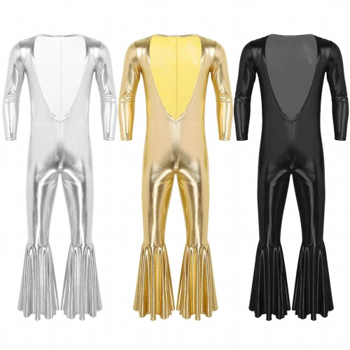 Mens Metallic Deep V Neck Open Chest Long Sleeves Bell Bottom Flare ...