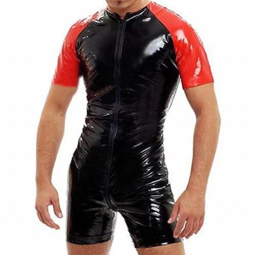 Men Wetlook Faux Leather Long Sleeve Open Crotch PVC Catsuit with ...