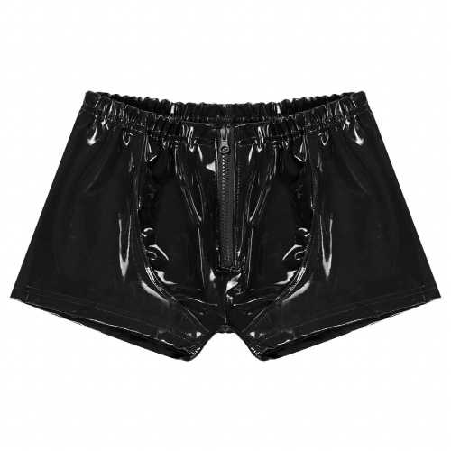 Male Sexy Boxer Underpants Wet Look Patent Leather Shorts Boxers Zipper ...
