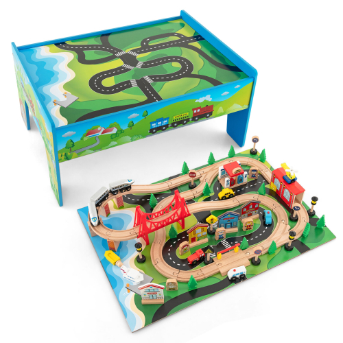 Kids Wooden Train Track Railway Play Set w/ 2 in 1 Tabletop Activity ...