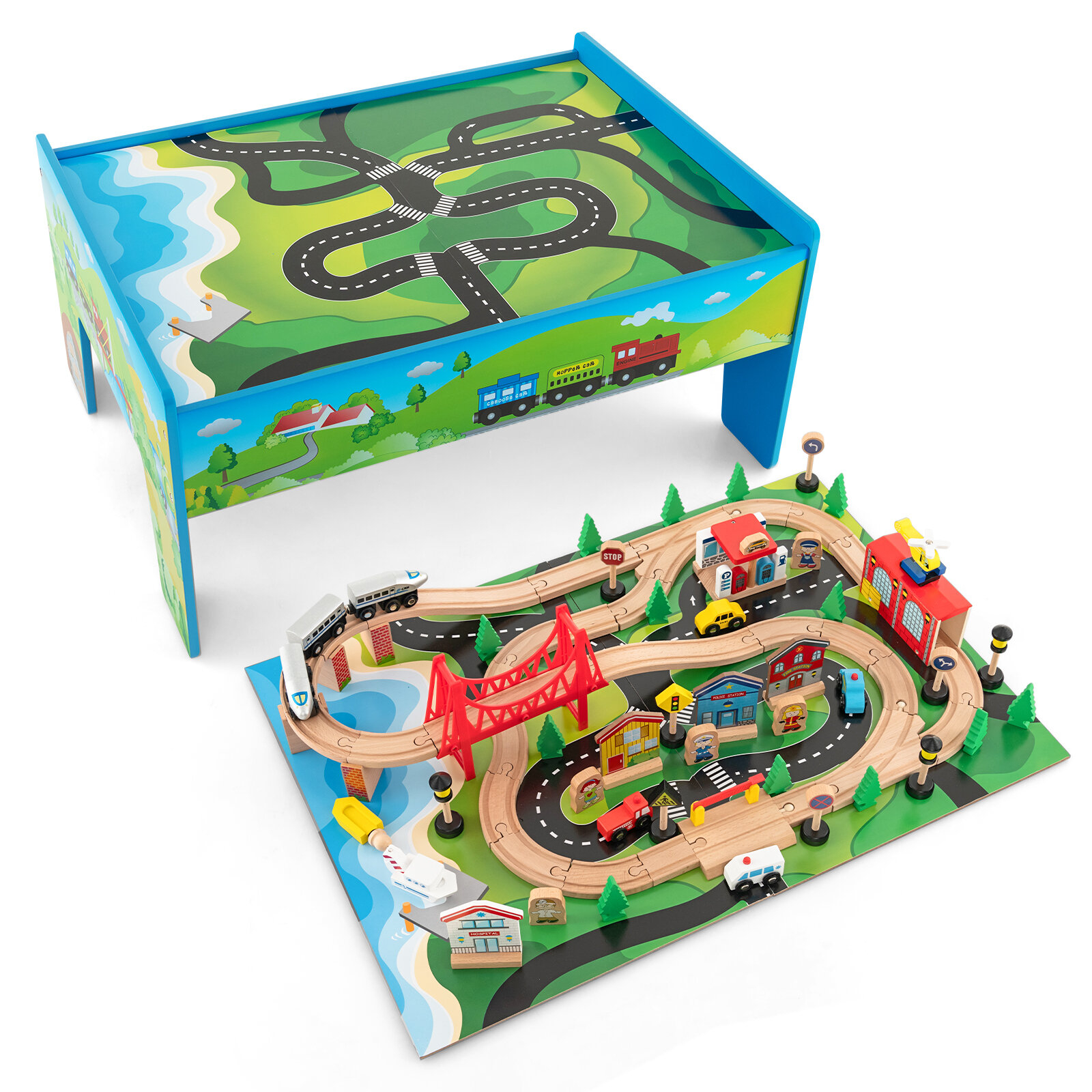 Kids Wooden Train Track Railway Play Set w/ 2 in 1 Tabletop Activity ...