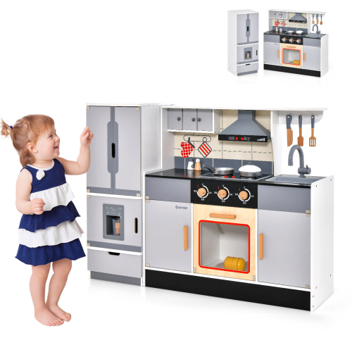 Kids Kitchen & Refrigerator Play Set w/ Sink Ice Maker & Bowls Storage ...