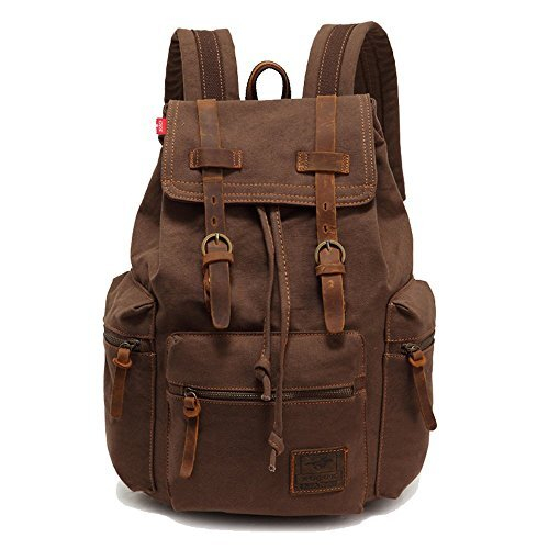 Vintage Unisex Casual Leather Backpack Canvas Rucksack Bookbag Satchel Hiking Backpack Travel Outdoor Shouder Bag Coffe