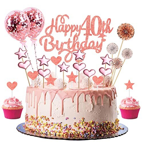 Happy 40th Birthday Cake Topper Rose Gold Glitter 40th Birthday Cake