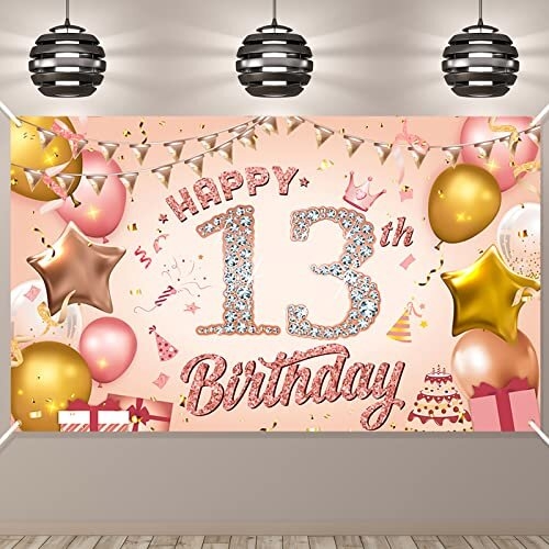 Pinenuts Happy 13th Birthday Banner Rose Gold Birthday Party ...