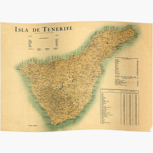 Posters Map Of Tenerife 1910 16x20 inch or 20x20 inch Wall Art Soccer ...