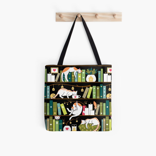 Tote Bags Library cats - whimsical cats on the book shelves Grocery for ...