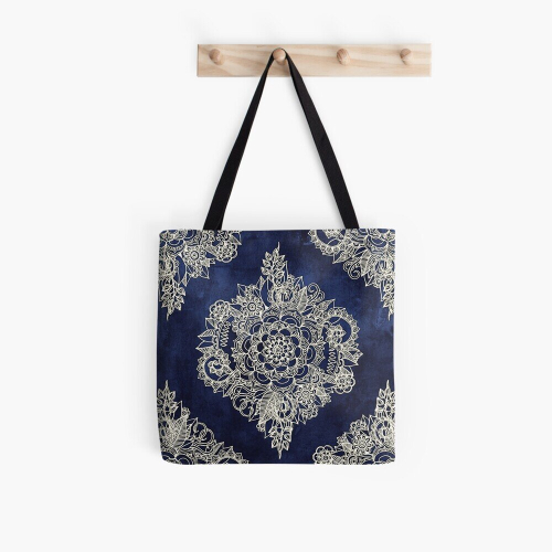 Tote Bags Cream Floral Moroccan Pattern on Deep Indigo Ink Grocery for ...