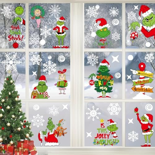 Christmas Window Stickers 9 Sheets, Grinch Merry Christmas Window ...