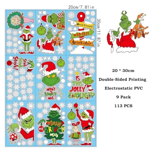 Christmas Window Stickers 9 Sheets, Grinch Merry Christmas Window ...