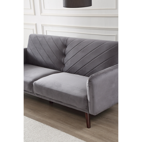 3 Seater Grey Velvet Sofa Bed With Dark Brown Wooden Legs