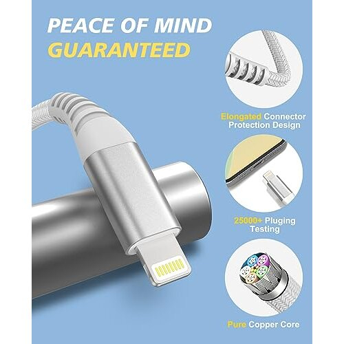 IDISON USB to Lightning Cable 2m 3Pack,MFi Certified iPhone Charger,Multi-color Nylon Braided ...