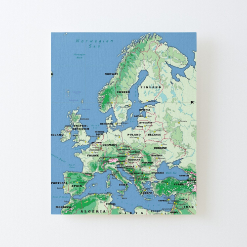 Canvas Print Only detailed physical map of EUROPE topographic map of ...