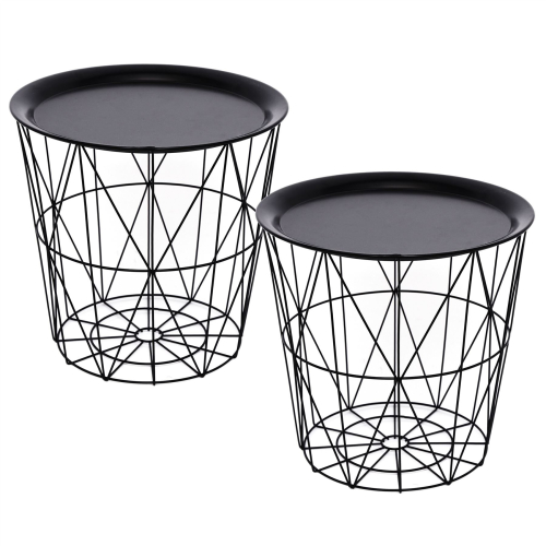 Set Of 2 Black Geometric Iron Metal Wire Storage Side Table | Basket ...
