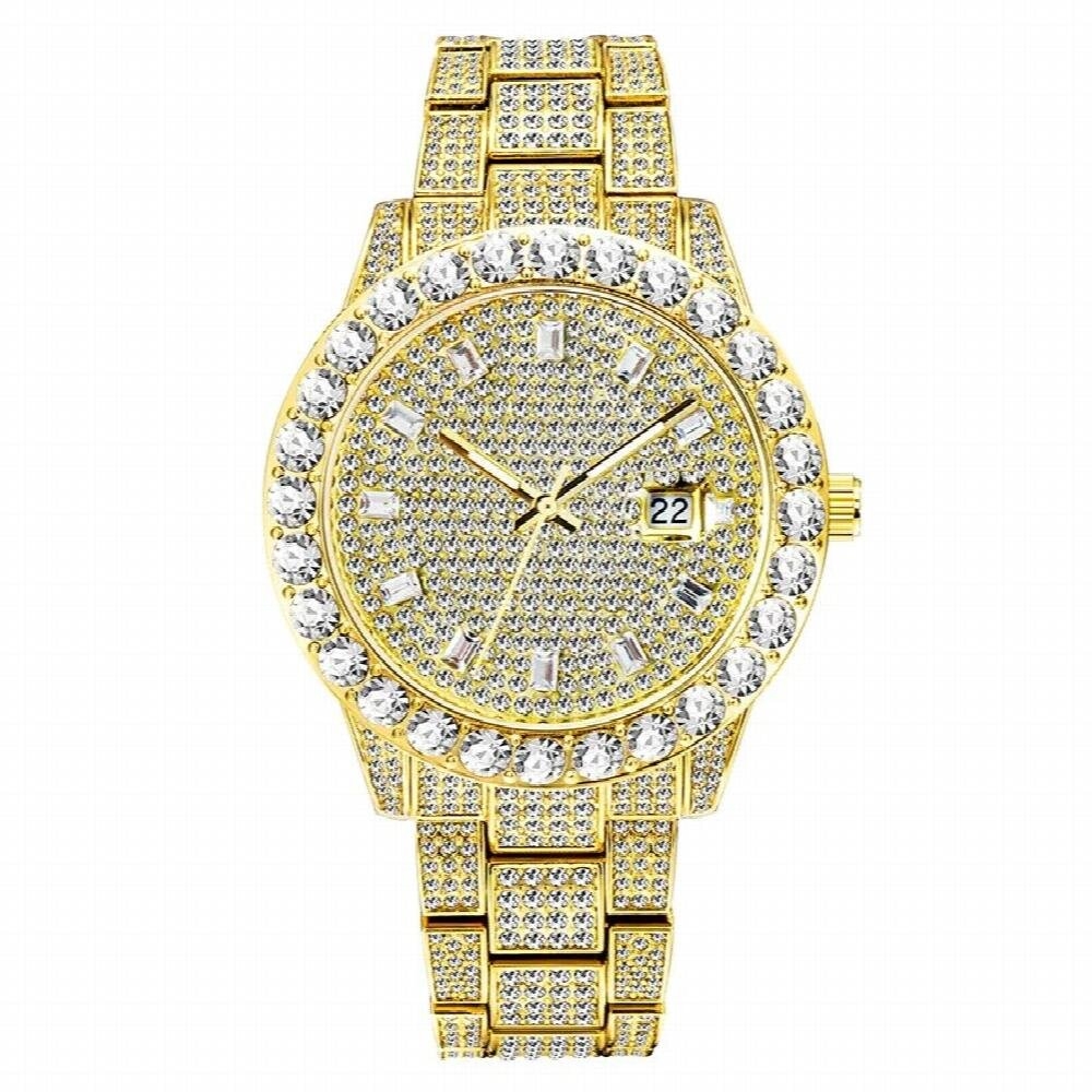Hip Hop Bling Iced Out Silver Two Tone Stainless Steel Watch Date ...