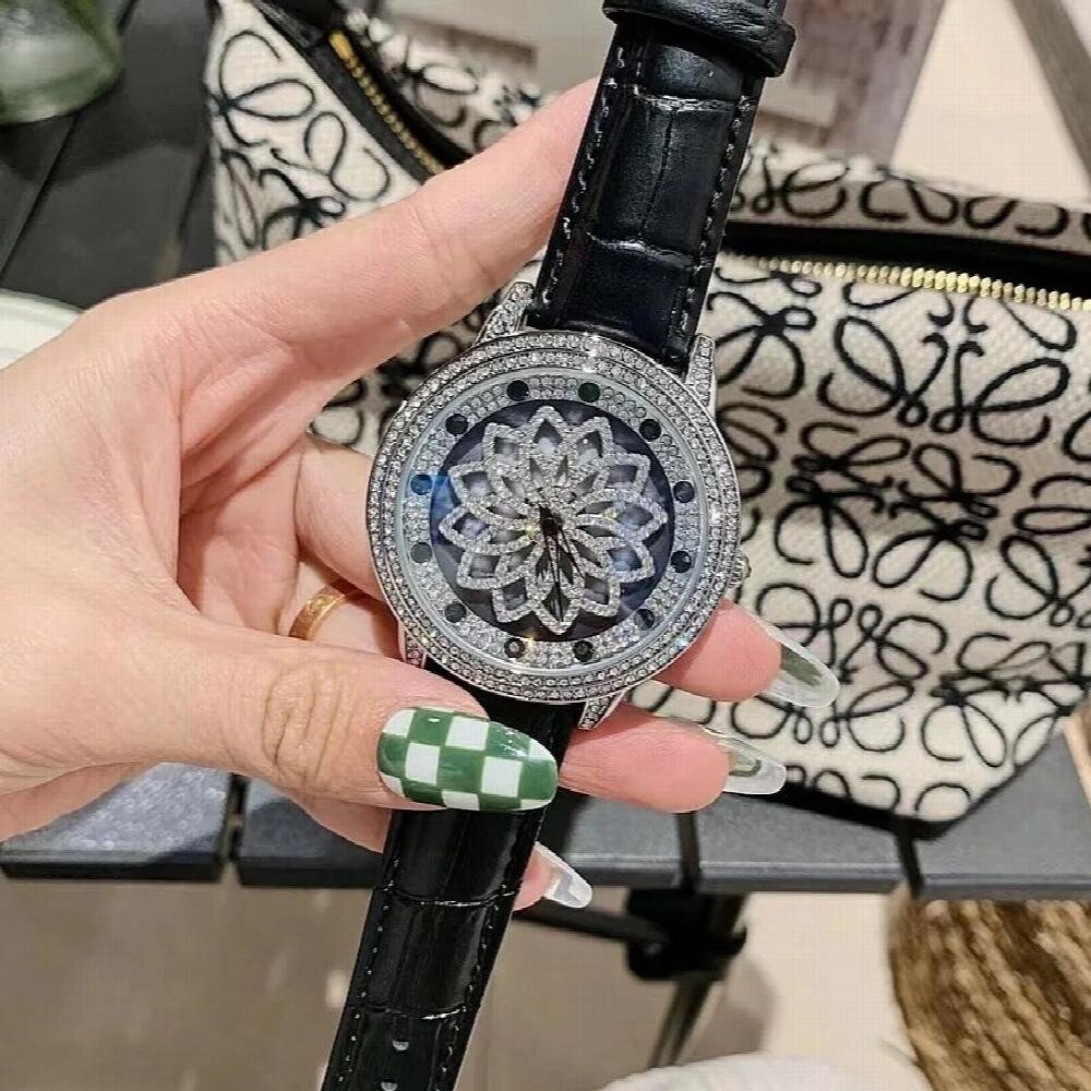 Women Rotating Watch Diamond Rotation Dial Iced Out Bezel Male Female ...