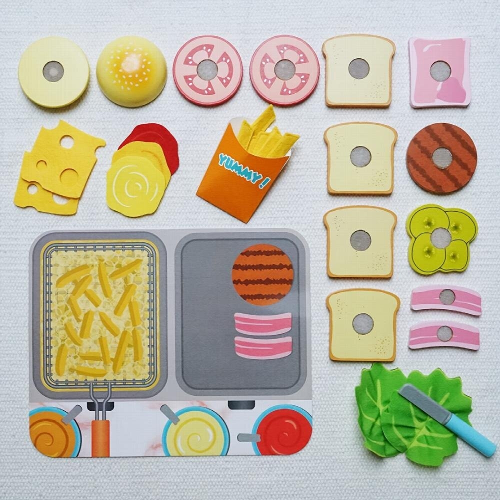 29pcs Food Toy Set Childrens Kitchen Wooden Sandwich Burger Toy Set Pre ...