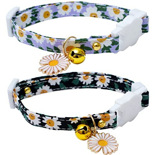 2 Pack Cotton Breakaway Cat Collars with Bell Daisy Pendant Kitty ...