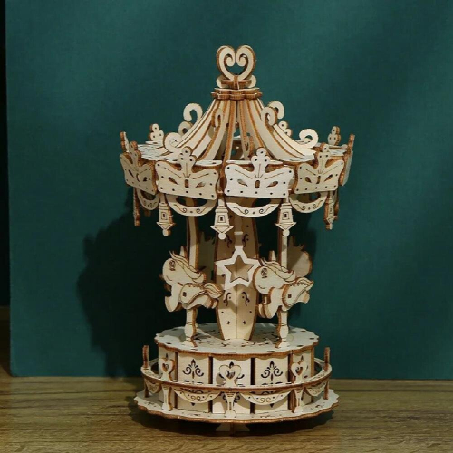 3D Wooden Puzzle Carousel Model Kit DIY Assembly Educational Toy Jigsaw ...