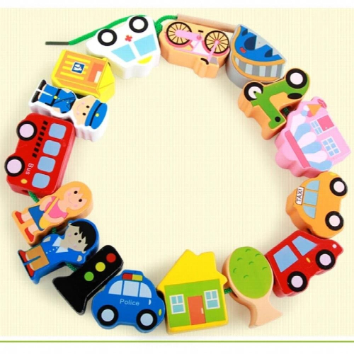 Wooden Toys Montessori Baby DIY Toys City Threading Beads String Lacing ...