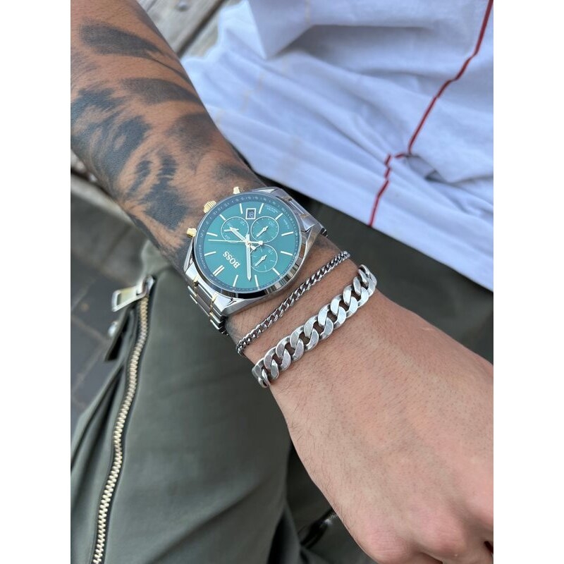 NEW HUGO BOSS CHAMPION HB1513878 SILVER GOLD & GREEN TONE MEN'S WATCH ...