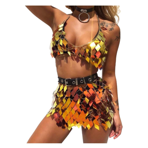 Sequins Tassels Body Chain Outfits Bra Skirt Bikini Rave Festival Party