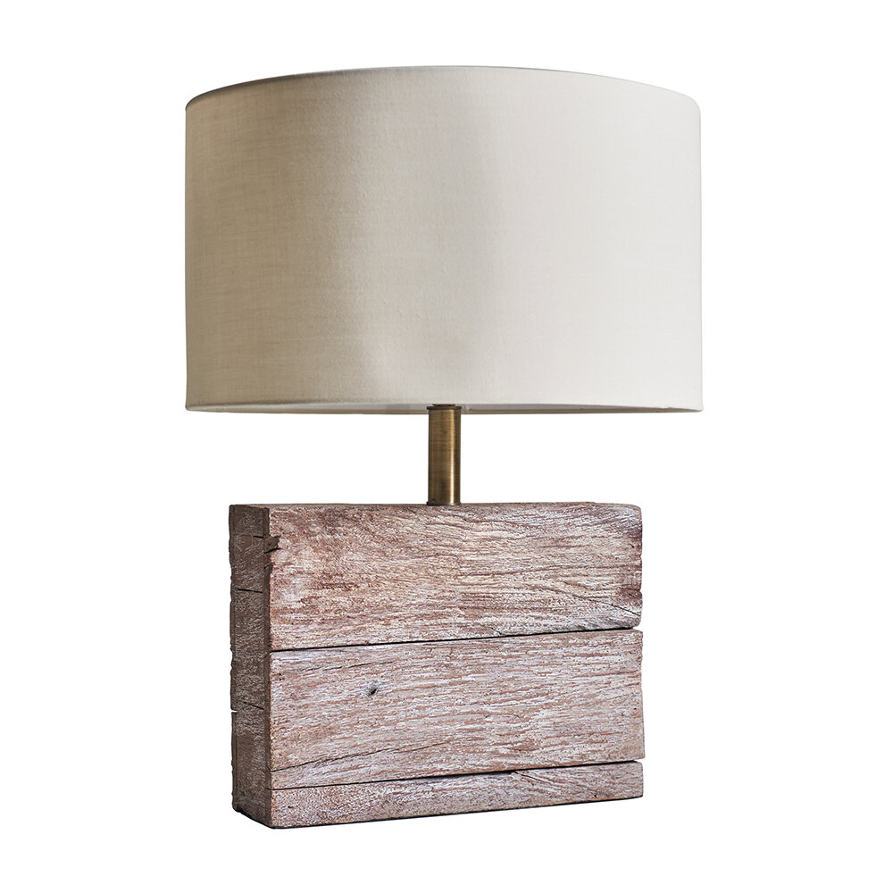 Modern Natural Rustic Wood Table Lamp with a Beige Cylinder Shade on OnBuy