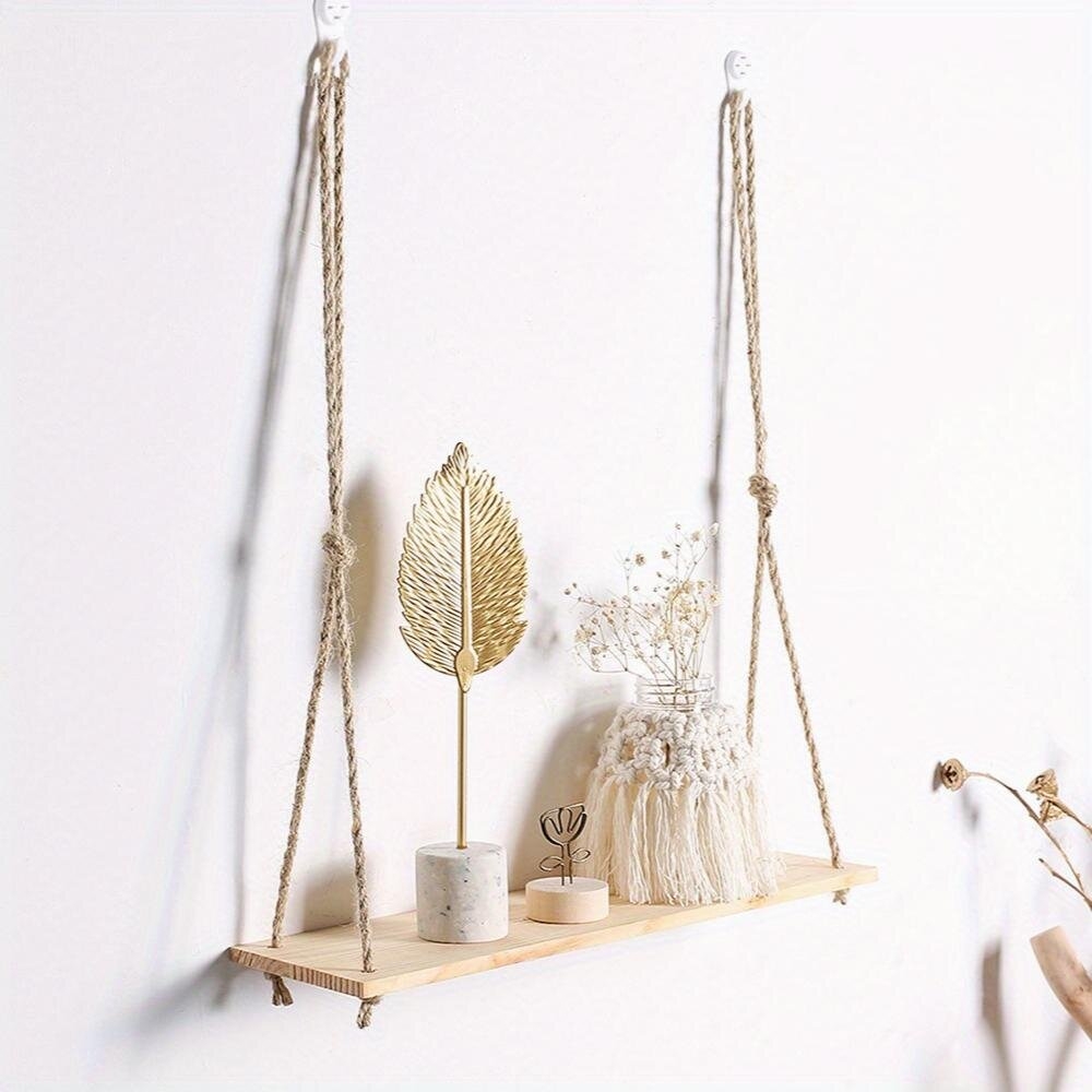 Wood Wall Hanging Shelf Wood Floating Shelves Hanging Swing Rope ...