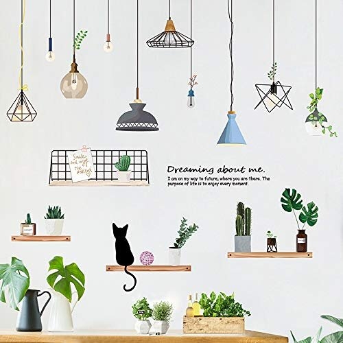 Wall Decor, Pendant Lights Plants and Black Cat Wall Stickers, Wall ...