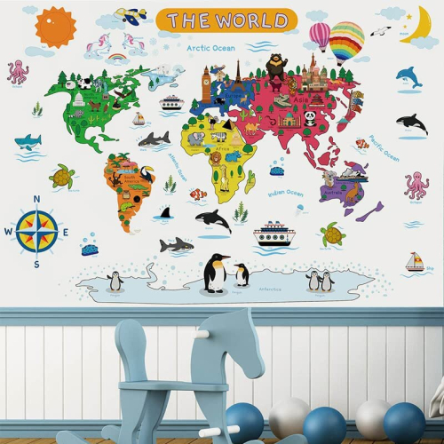 Cute Colourful Wall Sticker Decal of World map Shows Continents, Oceans ...