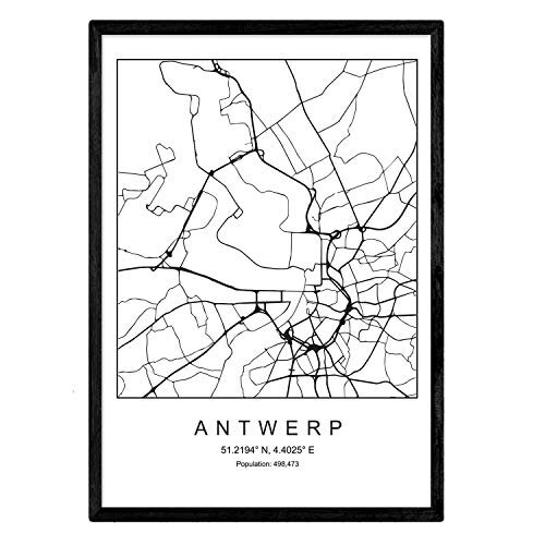 Sheet Antwerp city map Nordic style black and white. A3 size,printed ...