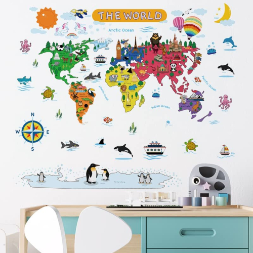 Cute Colourful Wall Sticker Decal of World map Shows Continents, Oceans ...