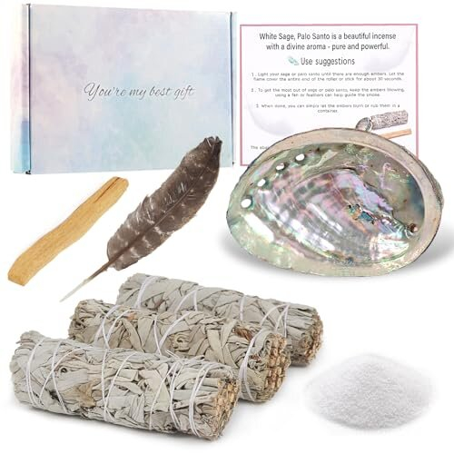 Sage Smudge Kit - 3 White Sage Sticks, Palo Santo Sticks, Abalone Shell, Smudging Feather,White ...