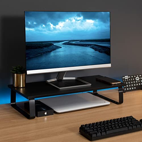 24 inch Monitor Stand, Wood & Steel Desktop Riser, Screen, Keyboard ...
