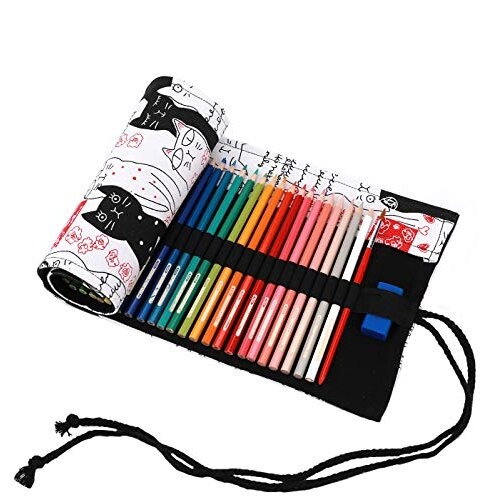 Hand Roll Up Pencil Bag for 48 Coloring Pencil, Canvas Pencil Organiser ...