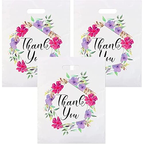 50 Pieces Floral Thank You Plastic Bags 12x15in with Die-cut Handles ...