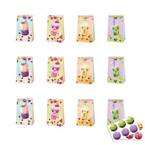 12 Pack Boba Tea Party Bags 12 Pcs Boba Tea Stickers Bubble Tea ...