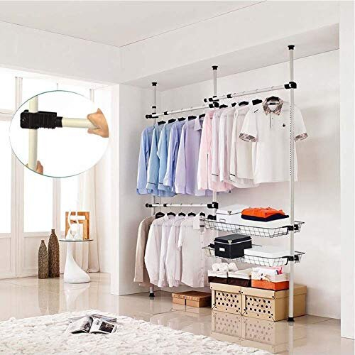 Heavy Duty Clothes Rack, 3 Poles 4 Bars Telescopic Coat Hanger Wardrobe ...