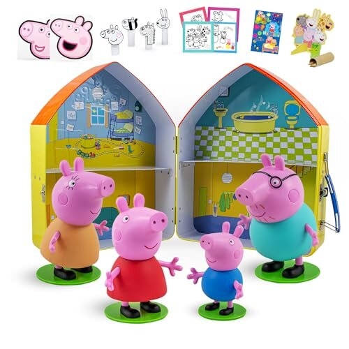 Peppa Pig Playset 4 figurines of Peppa Pigs Family + Tin Box of Peppa ...