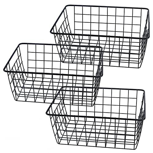 Set of 3 Black Metal Wire Storage Baskets, Large Wire Baskets with ...