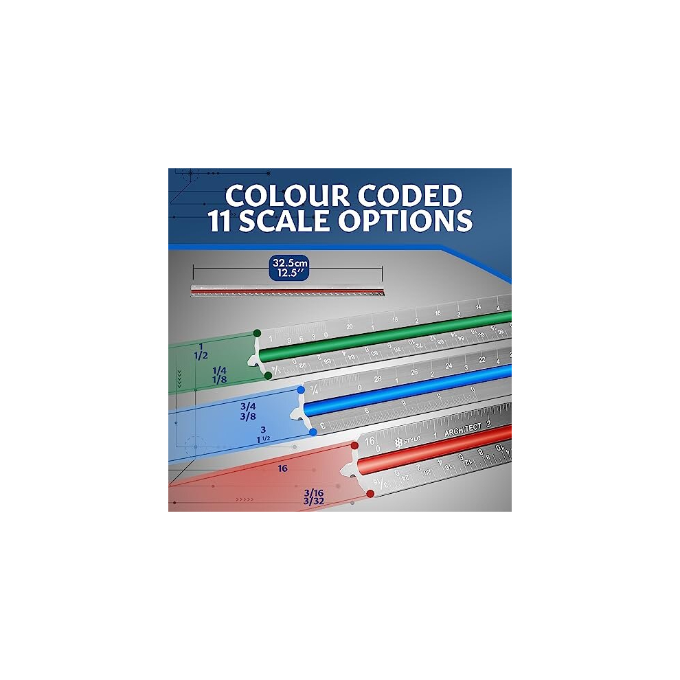 Aluminum Architect Scale Ruler 12" Laser Etched Triangle Drafting Ruler ...