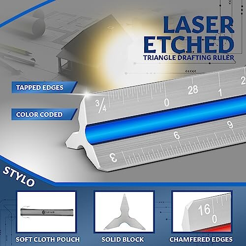 Aluminum Architect Scale Ruler 12" Laser Etched Triangle Drafting Ruler with Colour - Coded ...