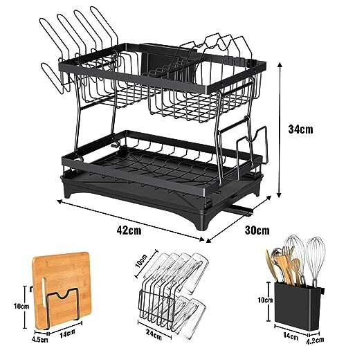 2 Tier Large Dish Drying Rack with Drip Tray, Detachable Dish Drainer ...