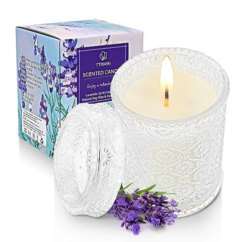 Lavender Scented Candle in Glass Jar, 200g Natural Soy Wax Candles, 50h Long Lasting Burning ...