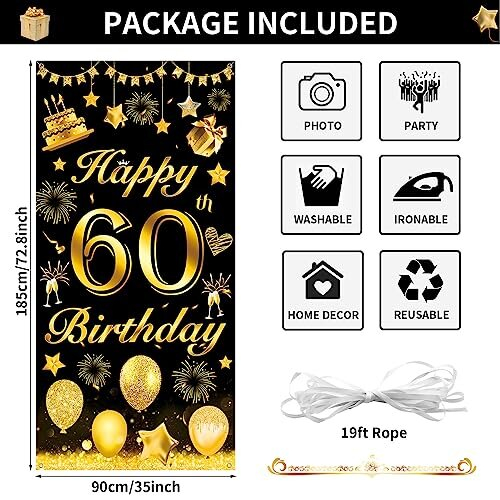 60th Door Cover Decoration Black Gold, 60th Birthday Party Decorations ...