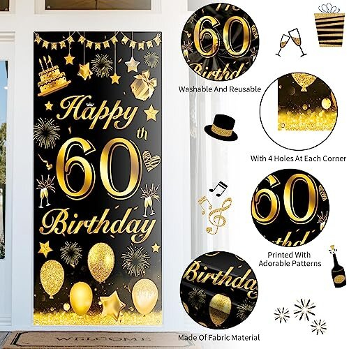 60th Door Cover Decoration Black Gold, 60th Birthday Party Decorations ...
