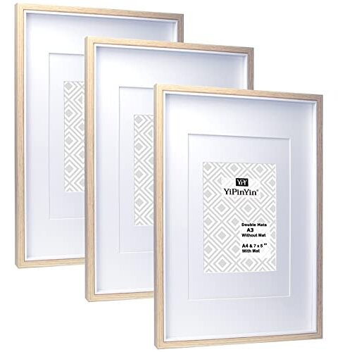 A3 Wooden & white Two Tone Picture Frames Set of 3 with Double Mounts ...